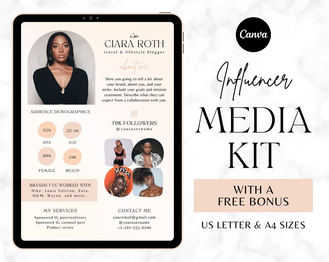 1 Page Media Kit Template, Influencer Media Kit, Blogger Canva Template ...