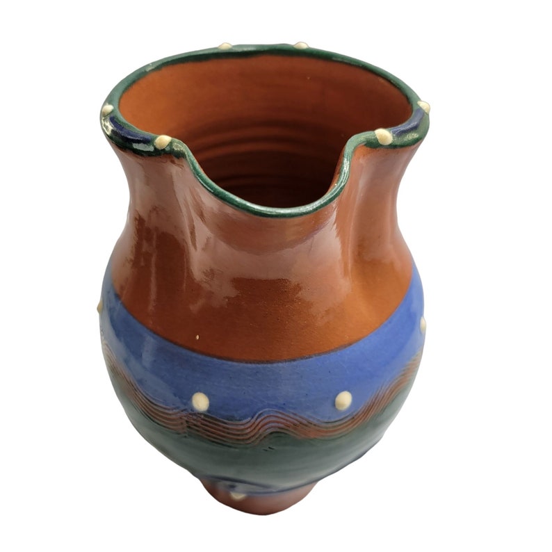 Vintage Art Pottery Pitcher Orange Blue Stripe Signed Earthen Wear Slip ...