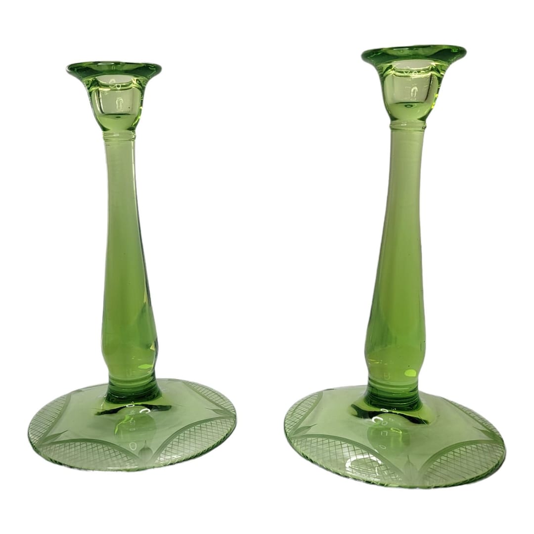 Pair Art Deco Vaseline Glass Candle Sticks Round Etched Base 9 in Tall ...