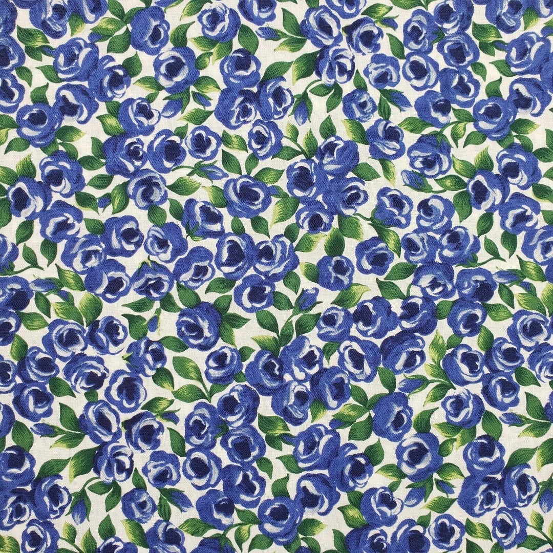 Vintage RJR Fashion Fabrics Blue Roses Tight Pattern on White 2 Yds 44 ...