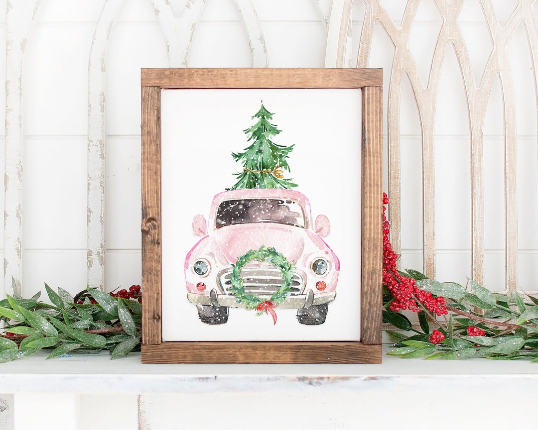 Pink Christmas Tree Truck Printable Wall Art, Fun Christmas Truck Print ...