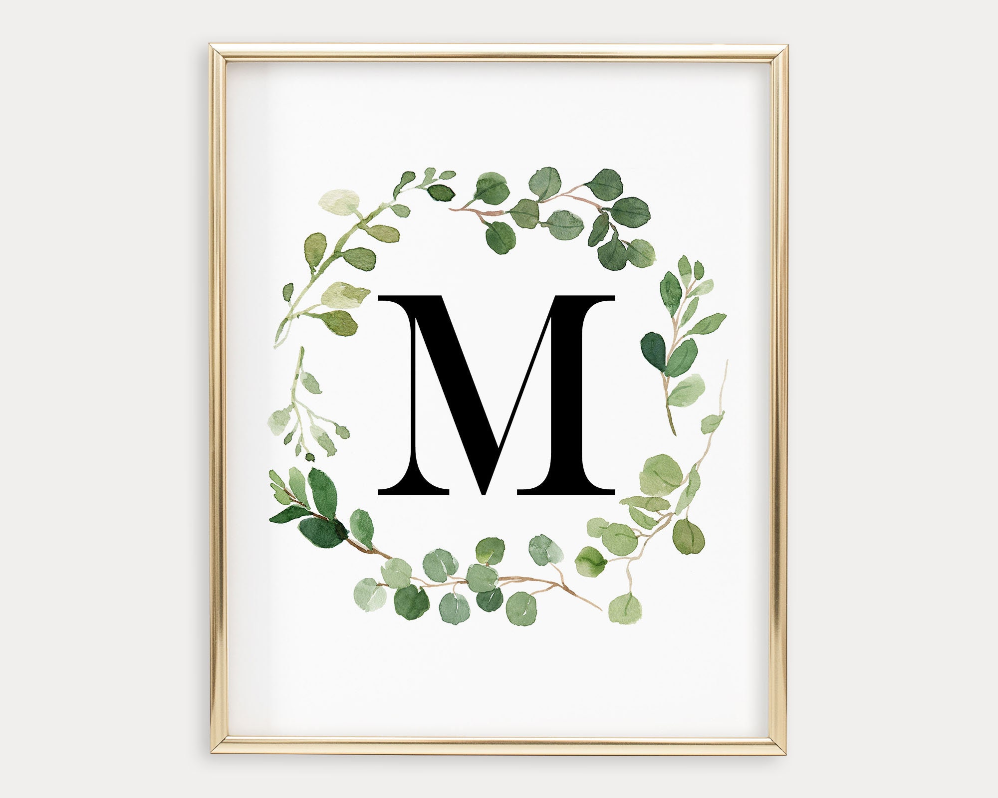 Letter M Monogram Printable Wall Art Watercolor Greenery | Etsy