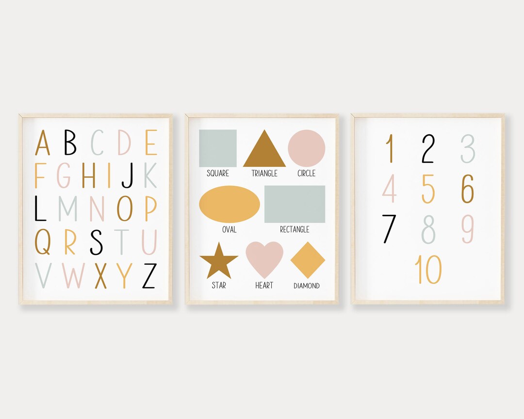 ABC 123 Shapes Print Set of 3 Printable Wall Art Numbers - Etsy
