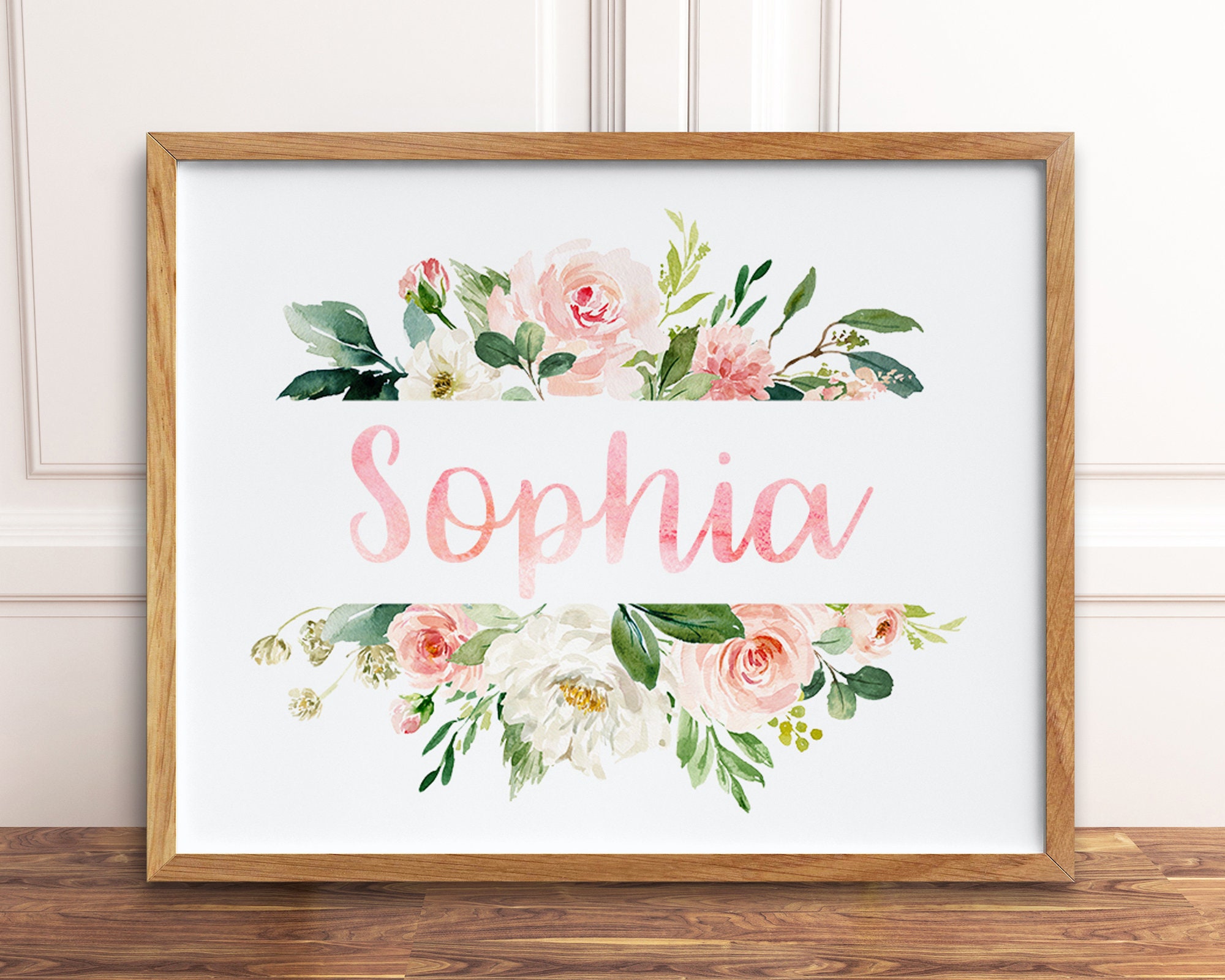 Blush Pink Floral Nursery Name Sign Printable Wall Art | Etsy