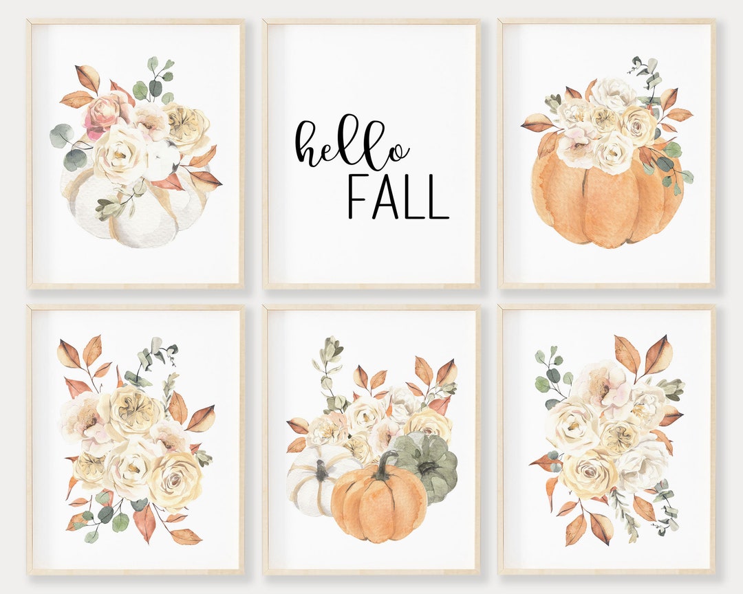 Watercolor Autumn Bouquet Pumpkins Printable Wall Art Set of 6, Hello ...
