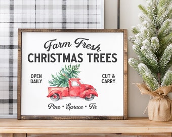 Red Truck With Christmas Tree Printable Wall Art Watercolor | Etsy
