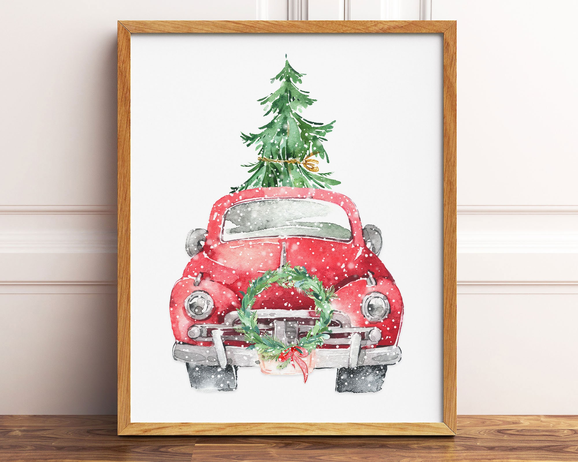 Red Truck with Christmas Tree Printable Wall Art Watercolor | Etsy