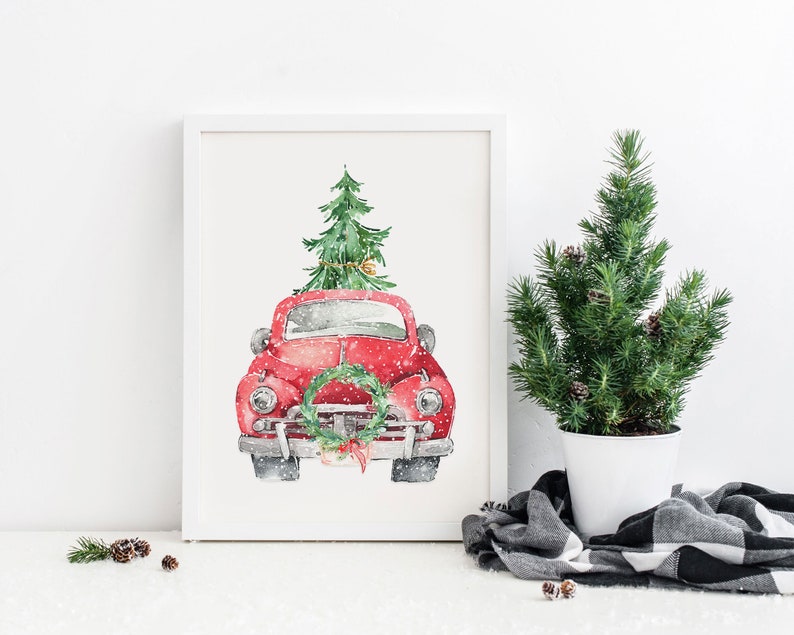 Red Truck With Christmas Tree Printable Wall Art Watercolor - Etsy
