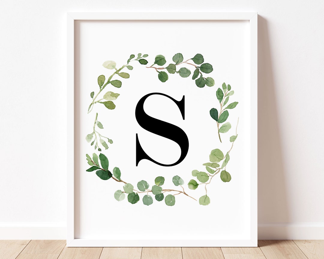 Watercolor Greenery Monogram Printable Wall Art, Letter S Initial Print ...