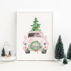 Pink Christmas Tree Truck Printable Wall Art, Fun Christmas Truck Print ...