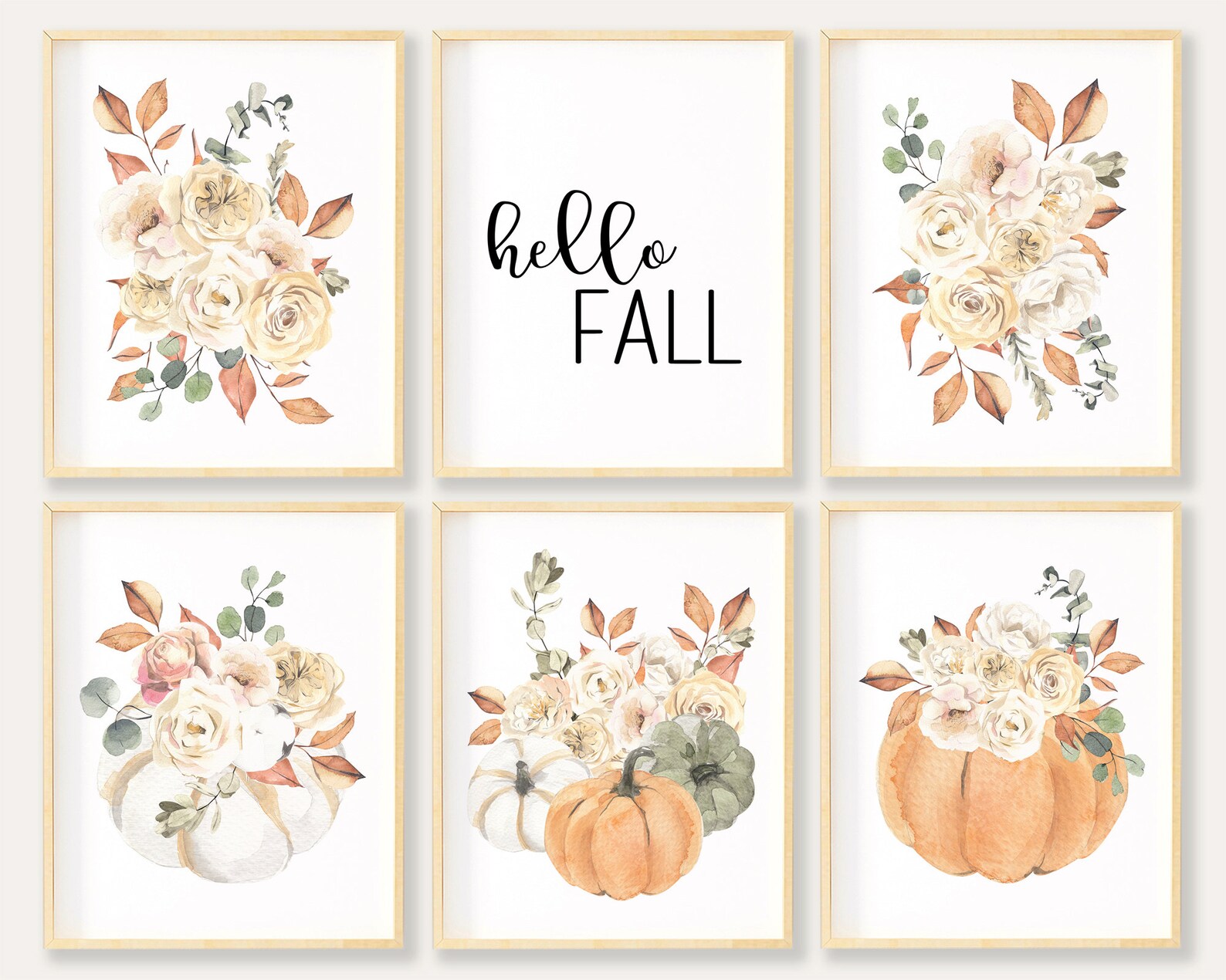 Watercolor Fall Floral Print Set of 6 Pumpkin Printable Wall | Etsy