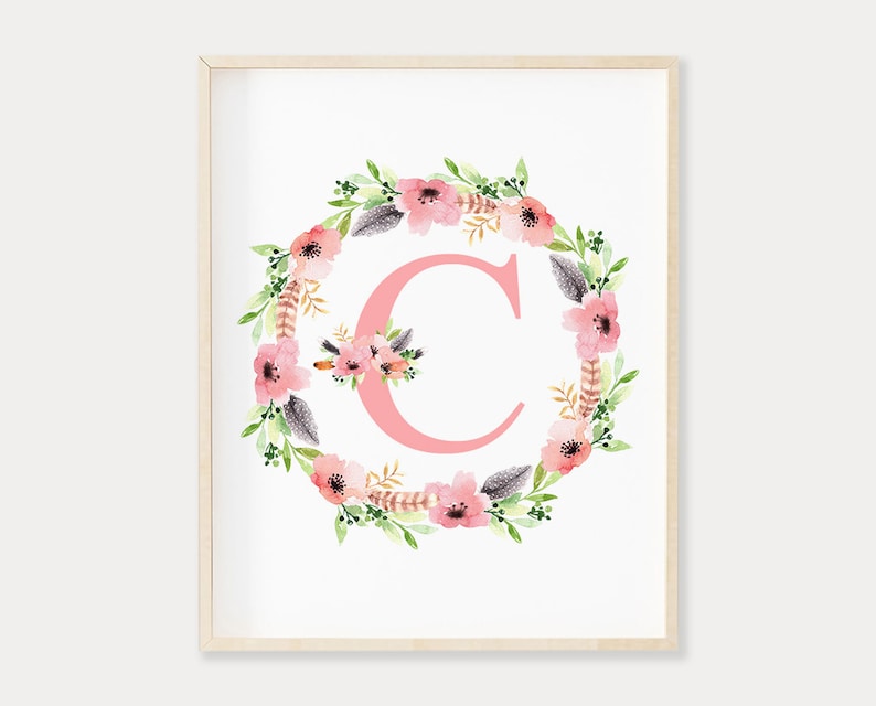 Letter C Monogram Printable Wall Art Watercolor Floral Letter - Etsy