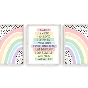 Daily Affirmations Pastel Rainbow Wall Art & Black Polka Dots Set of 3 ...