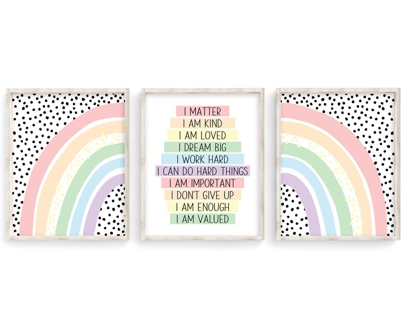 Daily Affirmations Pastel Rainbow Wall Art & Black Polka Dots | Etsy