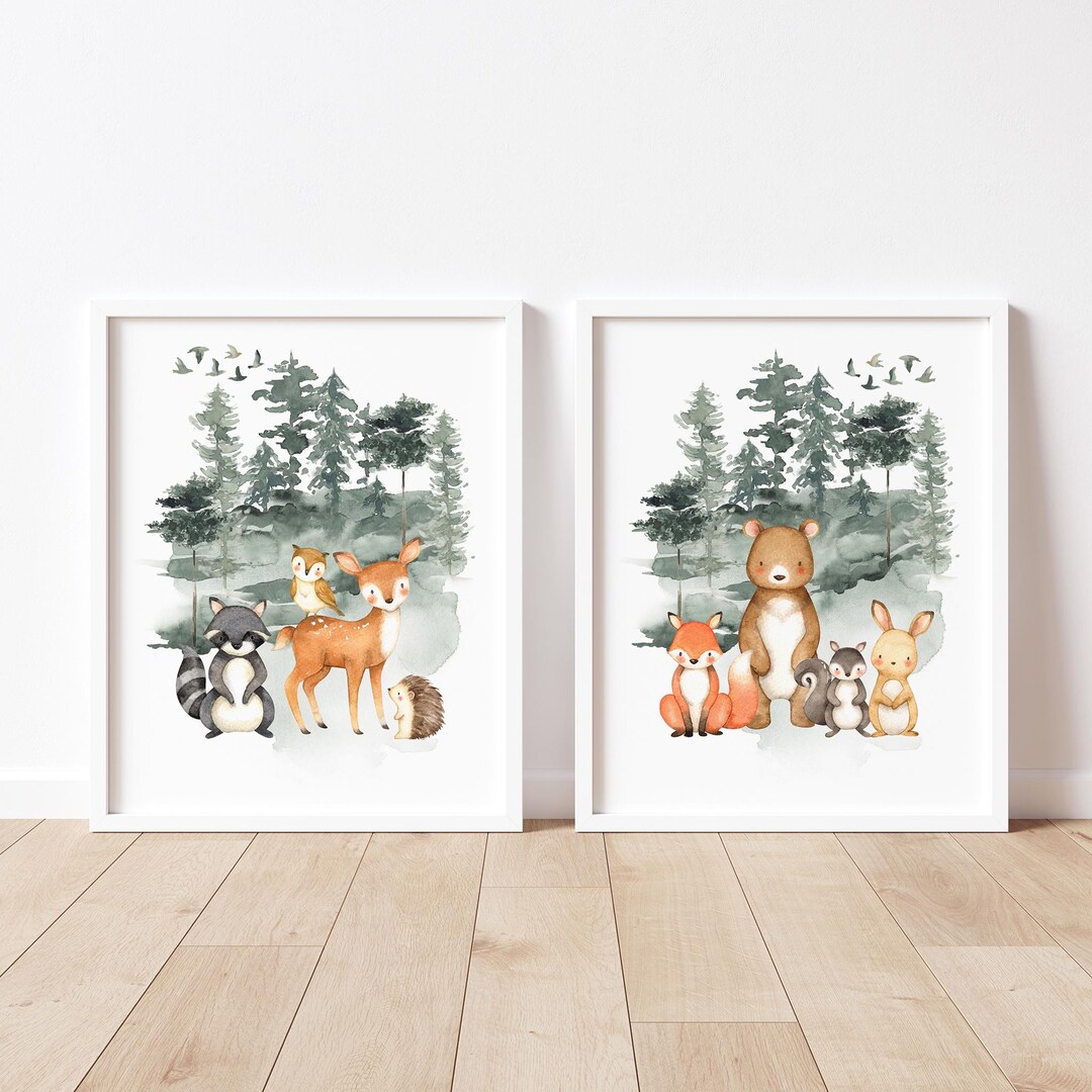 Watercolor Forest Animals Prints, Printable Wall Art Set of 2, Woodland ...
