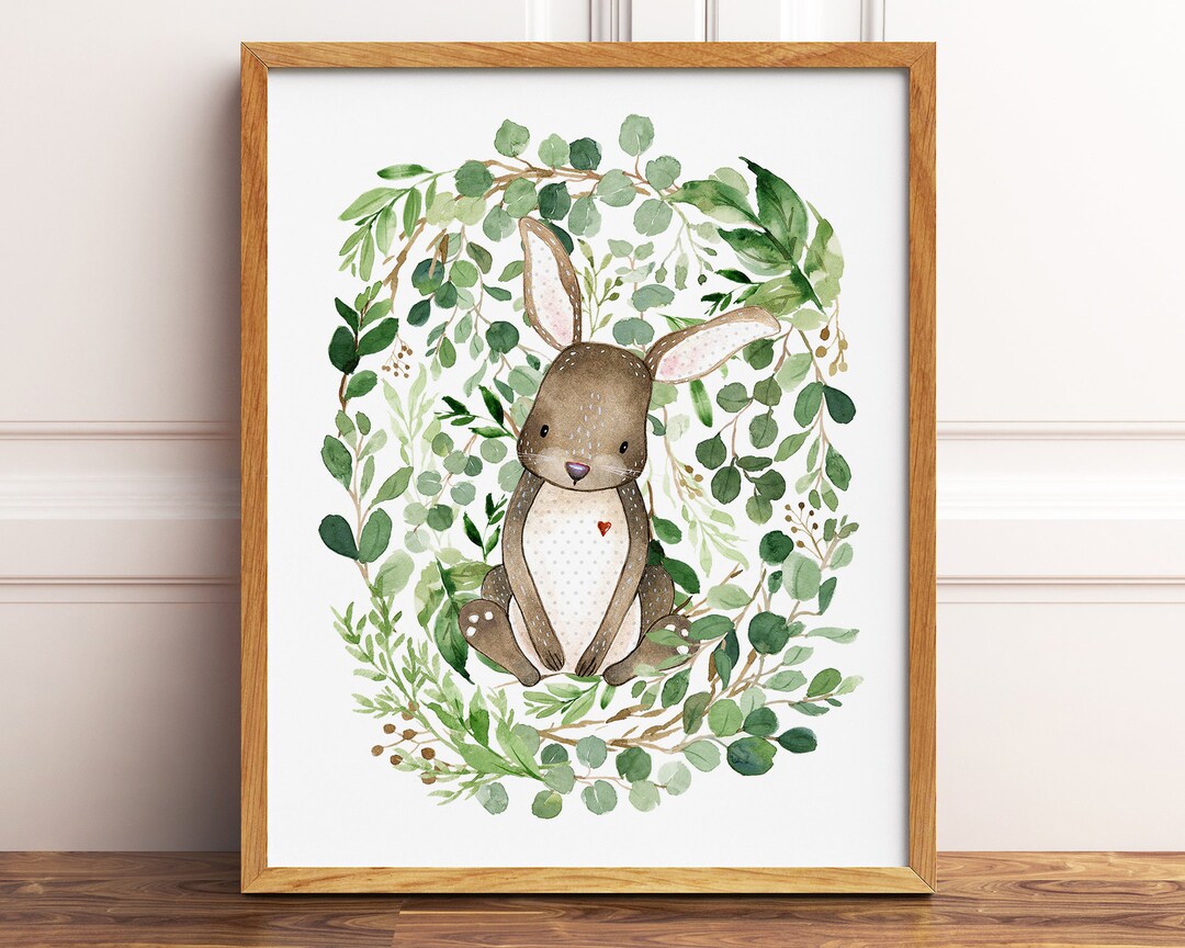 Watercolor Rabbit Print Greenery Printable Wall Art Bunny - Etsy