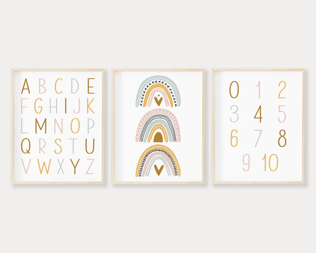 ABC 123 Rainbow Printable Wall Art 3 Piece Pastel Nursery - Etsy