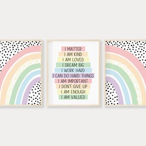 Daily Affirmations Pastel Rainbow Wall Art & Black Polka Dots Set of 3 ...