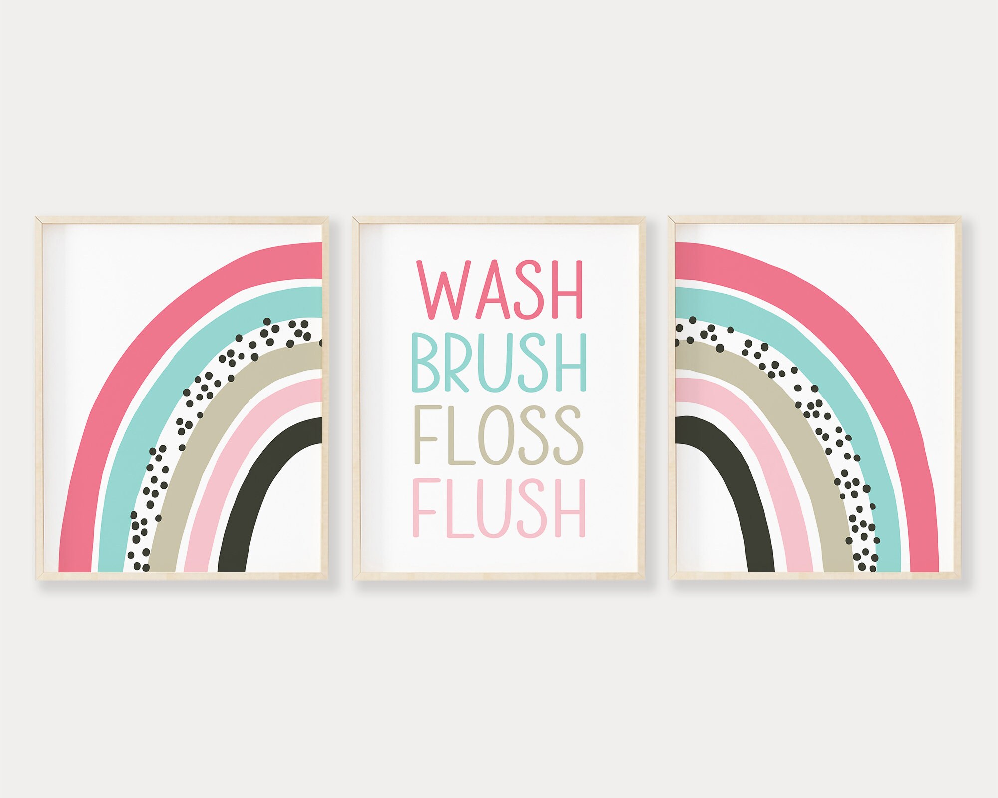Wash Brush Floss Flush Rainbow Printable Wall Art Set of 3 | Etsy