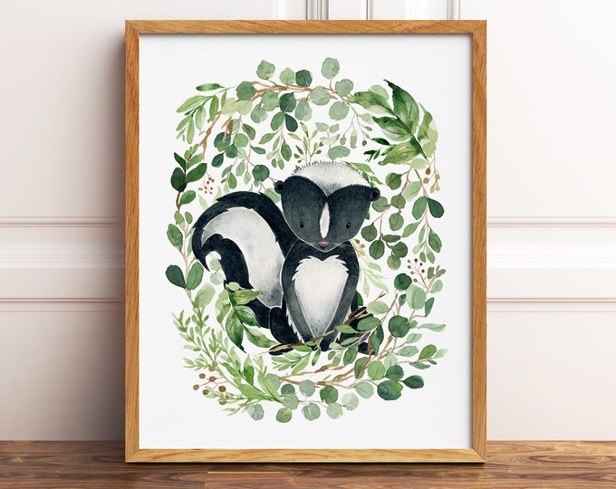 Watercolor Skunk Printable Wall Art, Greenery Woodland Nursery Wall Art ...