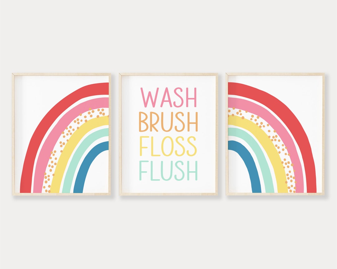 Wash Brush Floss Flush Rainbow Printable Wall Art Set of 3, Rainbow ...