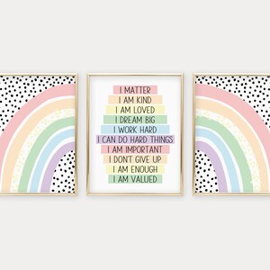 Daily Affirmations Pastel Rainbow Wall Art & Black Polka Dots Set of 3 ...