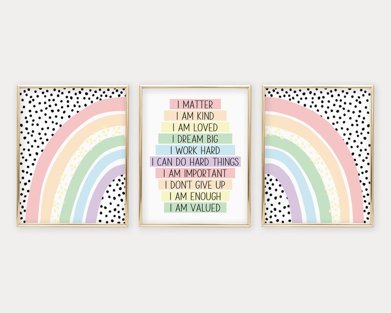 Daily Affirmations Pastel Rainbow Wall Art & Black Polka Dots | Etsy