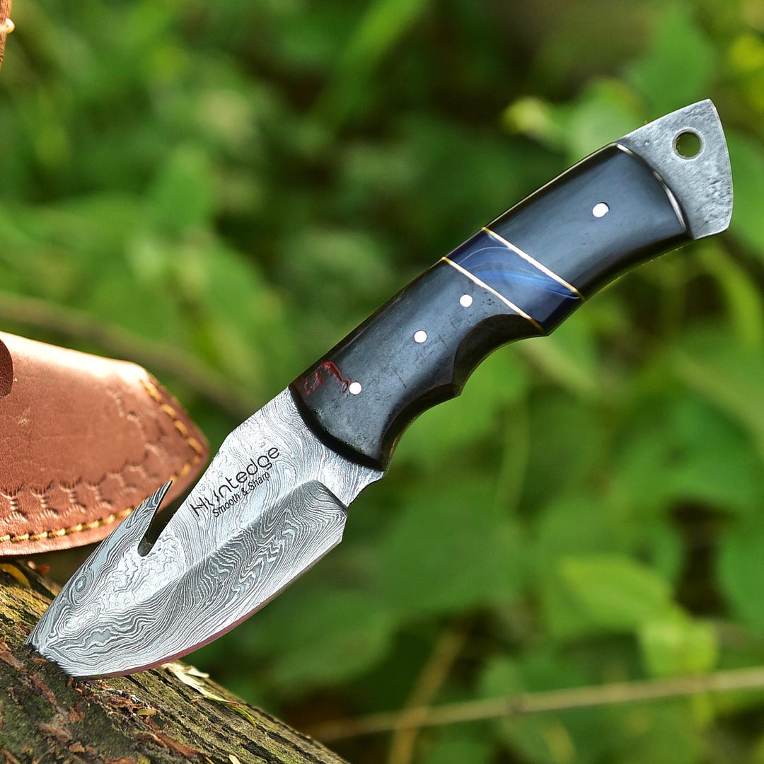 Custom Handmade GUT HOOK Skinning Knife, Damascus Steel 4.0” -dyed Bone ...