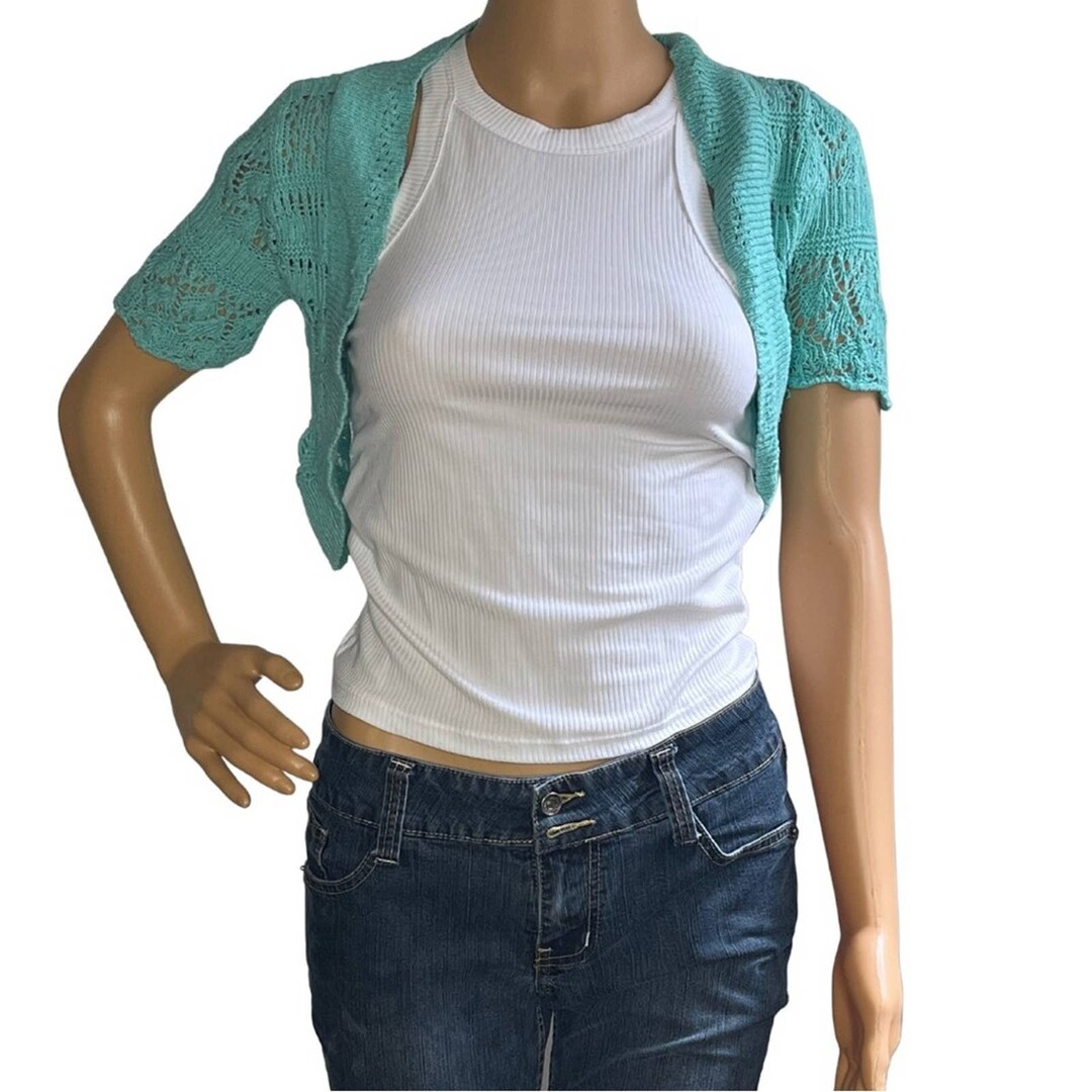 Vintage Y2K Turquoise Open Knit Shrug - Etsy
