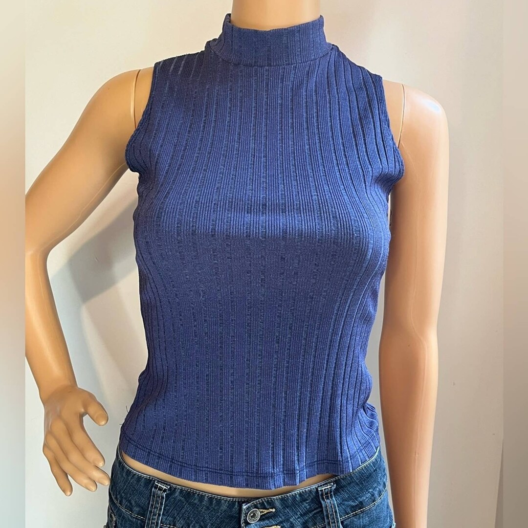 Vintage 90s Ribbed Blue Mock Neck Tank Top - Etsy