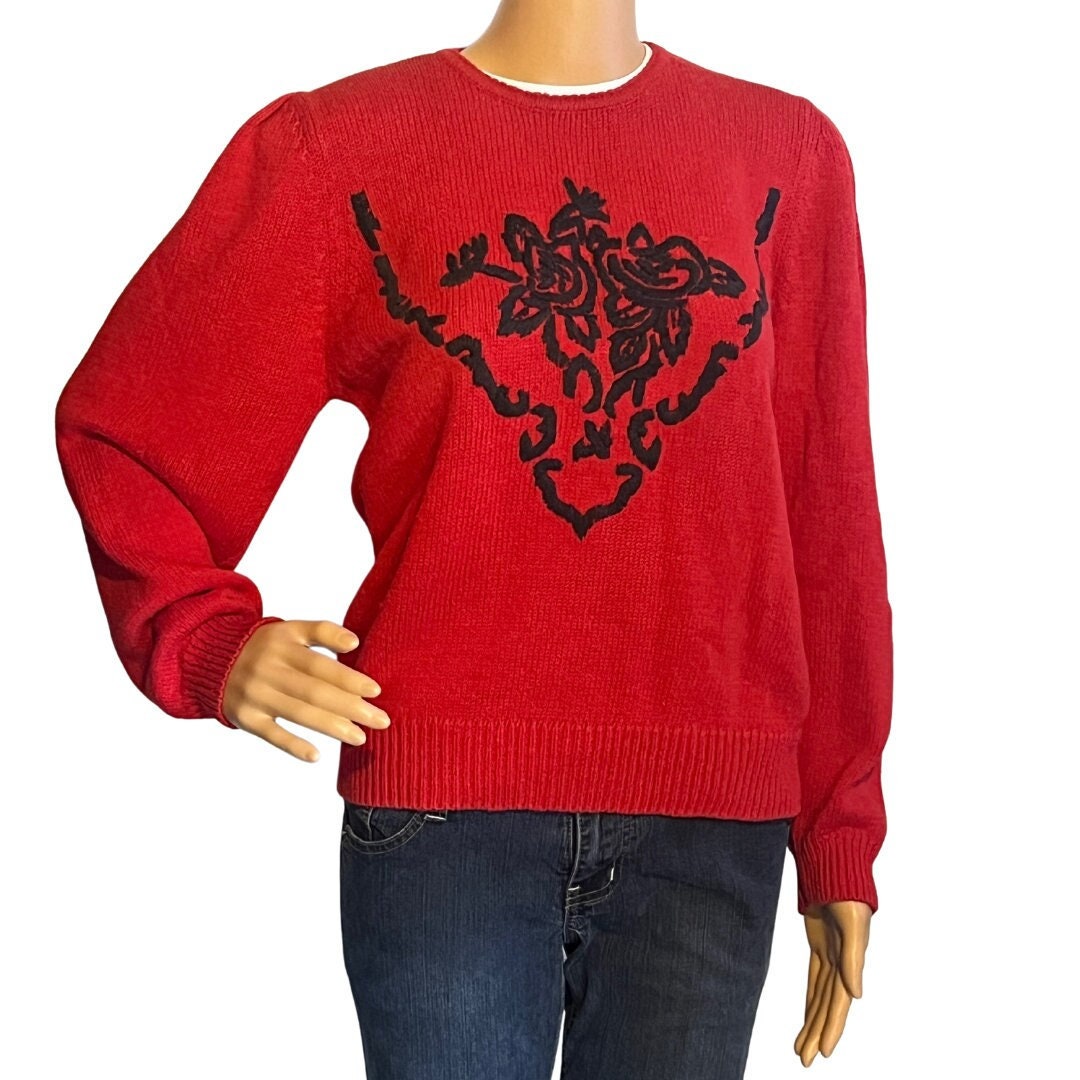 Vintage 90s Red and Black Embroidered Pullover Sweater - Etsy
