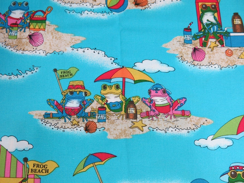 FROG BEACH Cotton Fabric, Colorful Frogs on a Bright Clear Day Relaxing ...