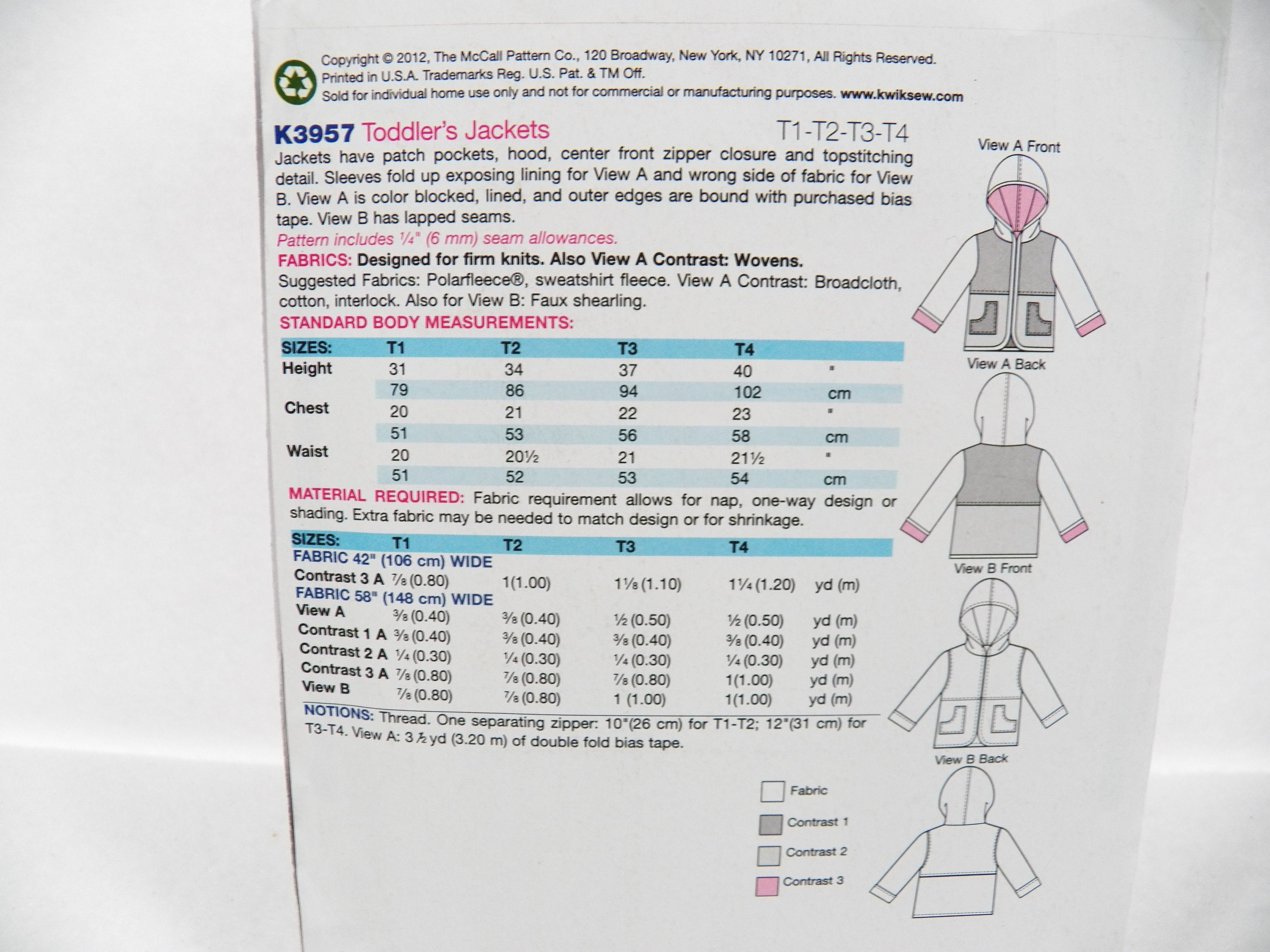 UNCUT Kwik Sew K3957 Pattern, Toddler Hooded Jackets or Coats, Front ...