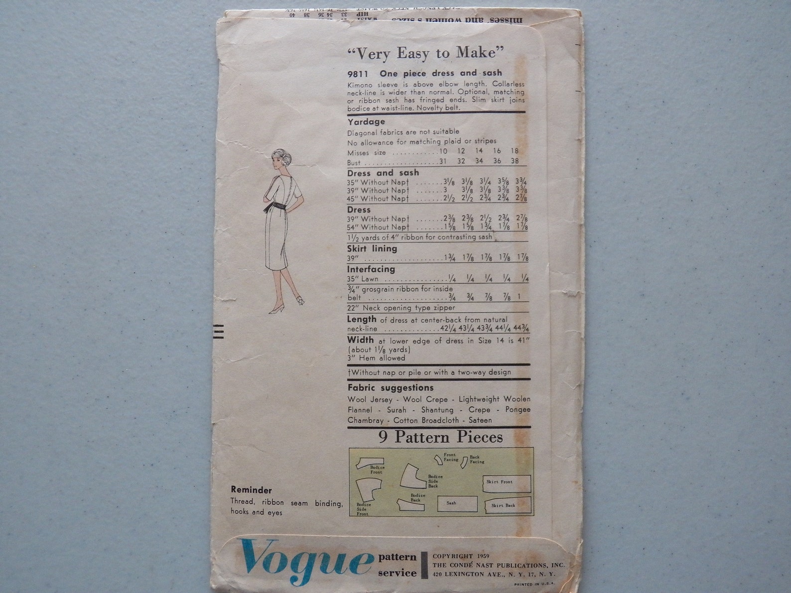 Vintage 1950s Vogue 9811 Pattern for a One-piece Dress and | Etsy