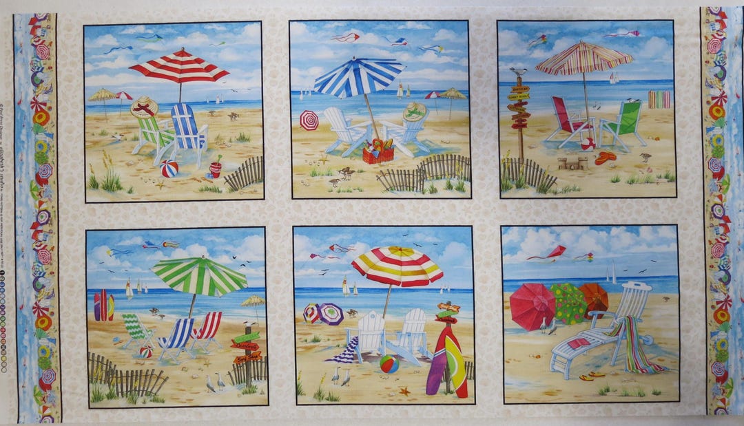Elizabeth's Studio Nautical "beach Vista" Ocean Cotton Fabric 23" X 44 ...