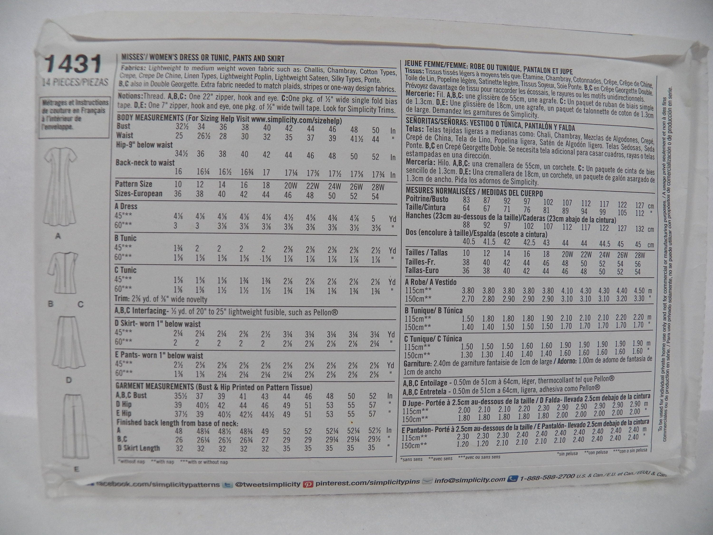 UNCUT Simplicity 1431 Pattern for Women's Flared Dress or Tunic, Pants ...