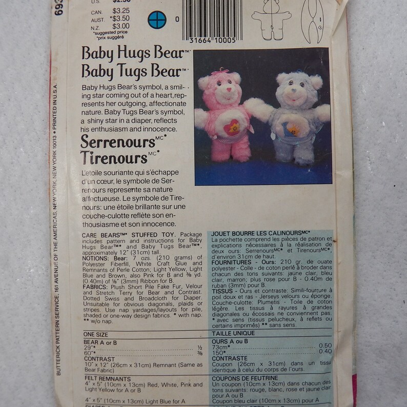 UNCUT Butterick 6932 Pattern for Care Bears - Baby Hugs Bear and Baby ...