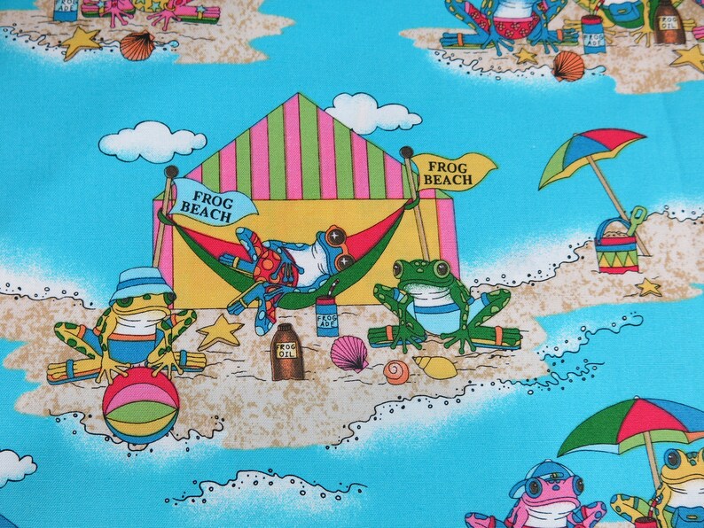 FROG BEACH Cotton Fabric, Colorful Frogs on a Bright Clear Day Relaxing ...