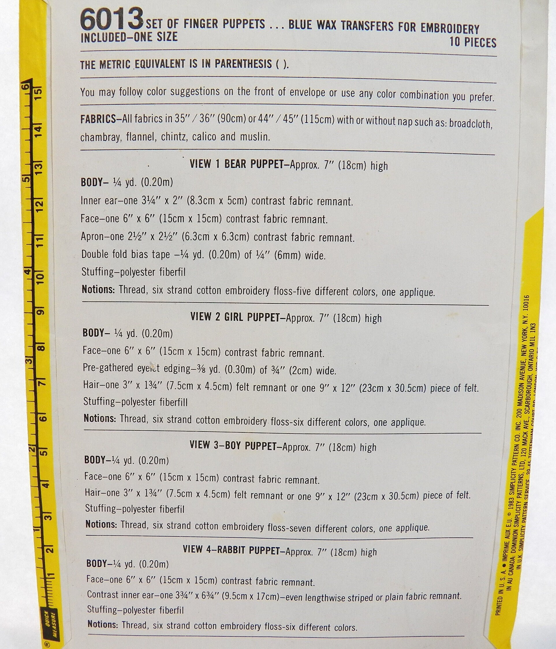 UNCUT Simplicity 6013 Pattern for 7" Finger Puppets for Boy, Girl, Bear ...