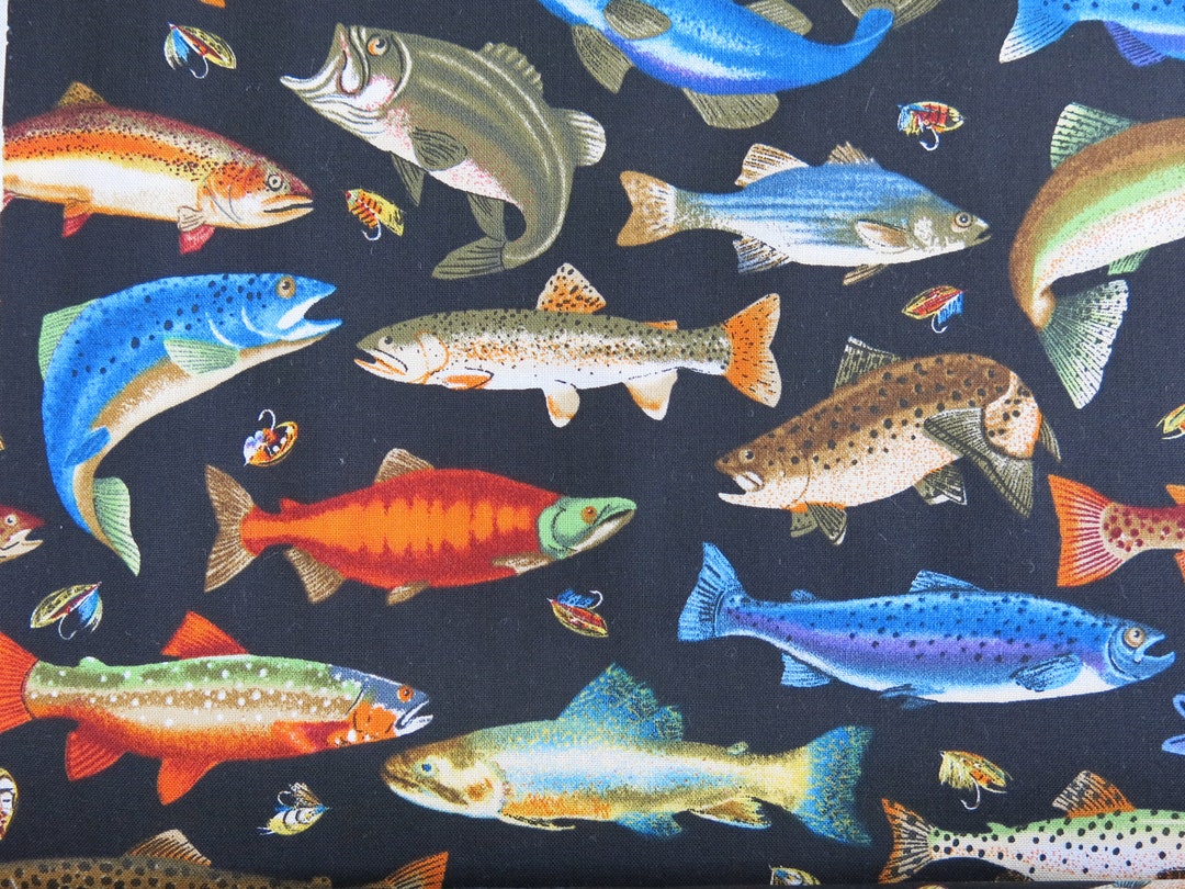 Cotton Fabric Colorful Swimming Fish on a Black Background by Hi ...