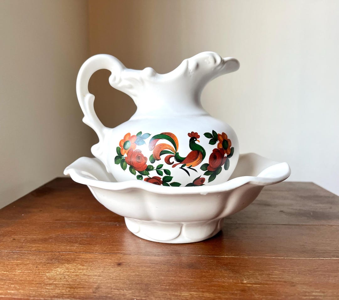 Vintage Ceramic Mccoy Pitcher and Basin With Rooster and Flower Design ...