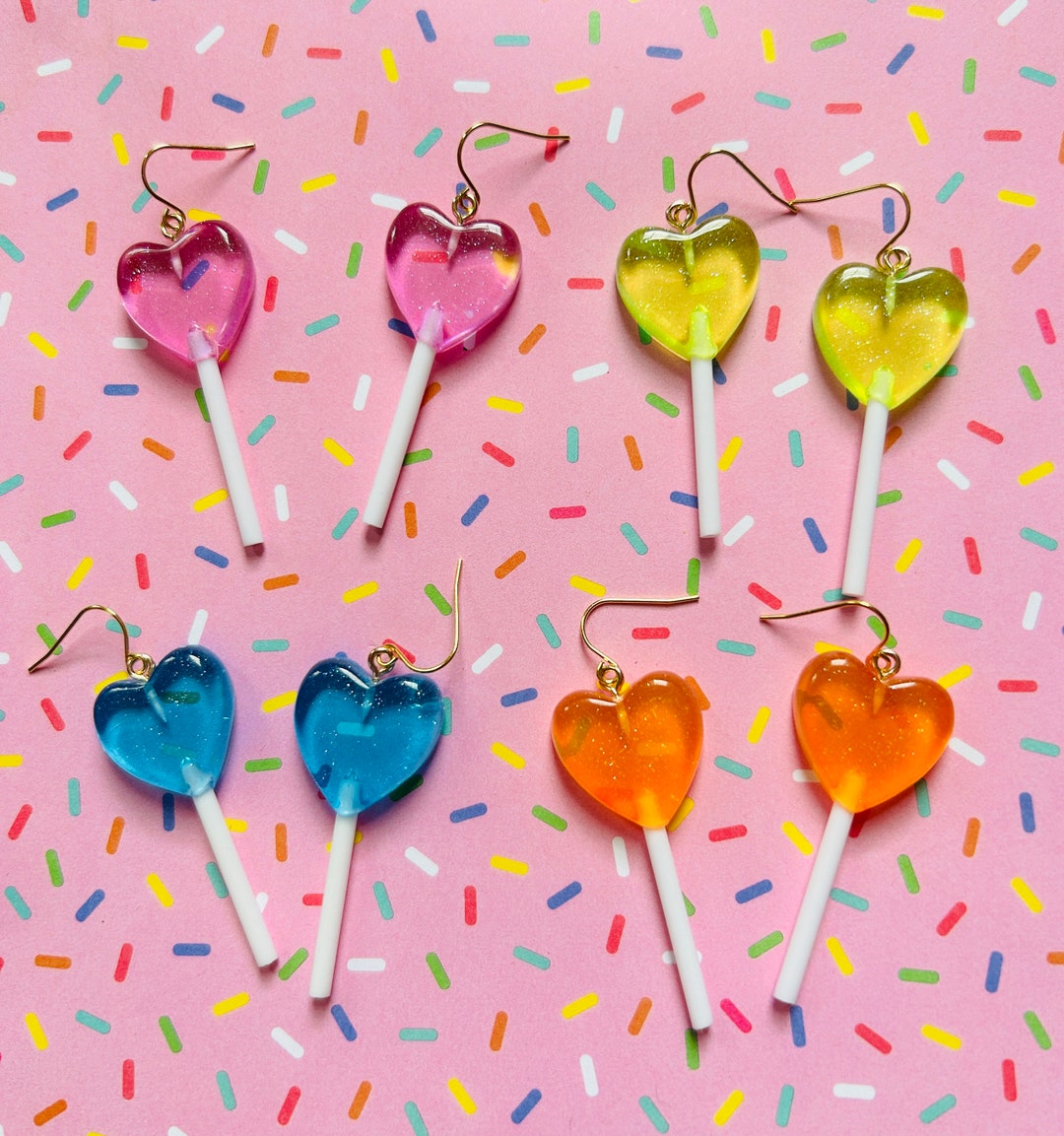 Glitter Heart Lollipop Earrings Kitschy Earrings Kawaii Earrings Candy ...