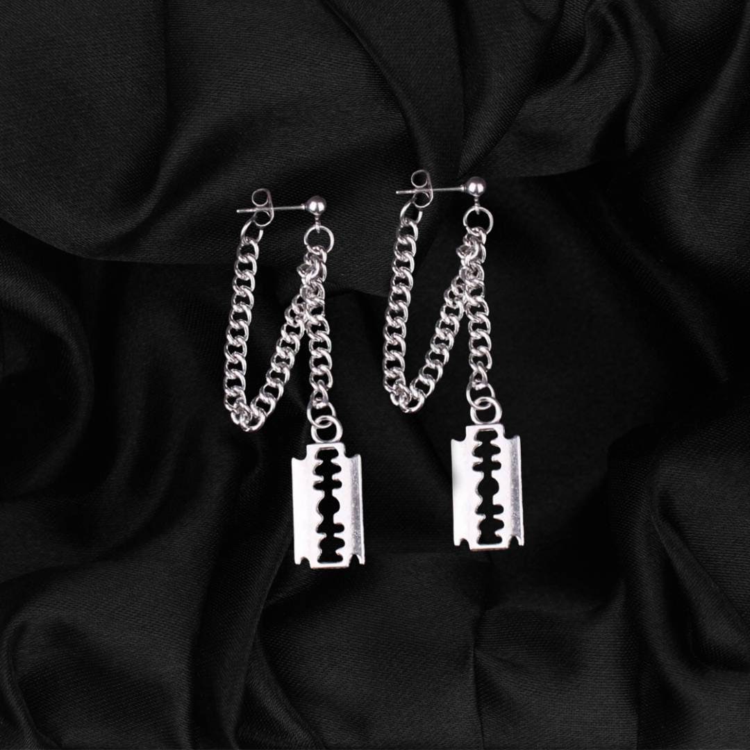 Dangly Stainless Steel Razor Blade Chain Stud Earrings Emo Punk Rock ...