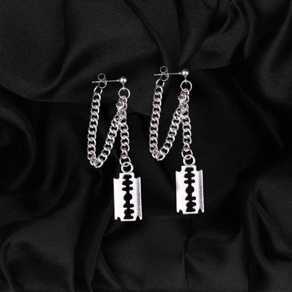 Dangly Stainless Steel Razor Blade Chain Stud Earrings Emo - Etsy