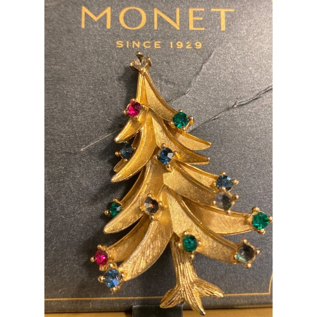 Monet NIB Christmas Pin Brooch Vintage Ribbon Bell Rhinestone Costume ...