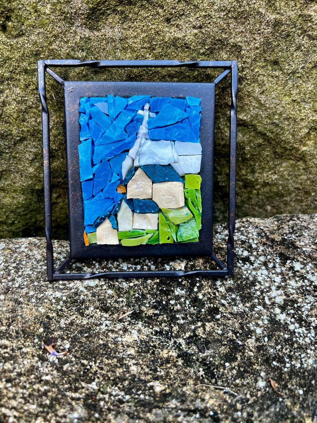 Mini Mosaic Art, Seashore Village With Church, Small Decorwith Smalti ...