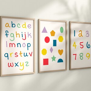 Set of 3 Colorful Alphabet and Shapes Nursery Art Prints, Education ...