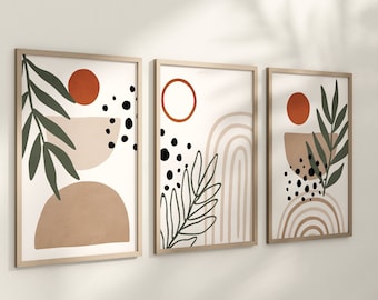 Set of 3 Boho Abstract Wall Art Prints, Boho Wall Decor Set of 3 Art Prints, Leaf Geometric Art ...