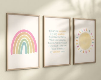 Personalized Pastel Rainbow Sun Hearts Set of 3 Nursery Art Prints ...