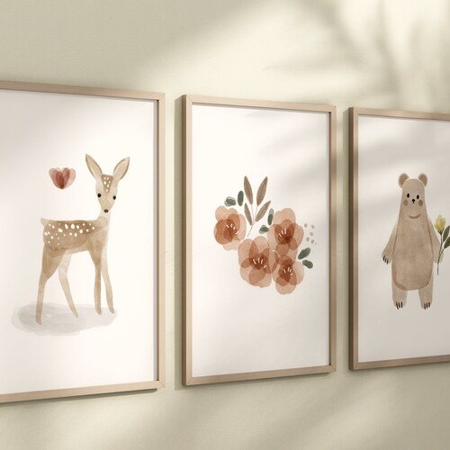 Boho Woodland Floral Animal Set of 3 Nursery Art Prints - Etsy